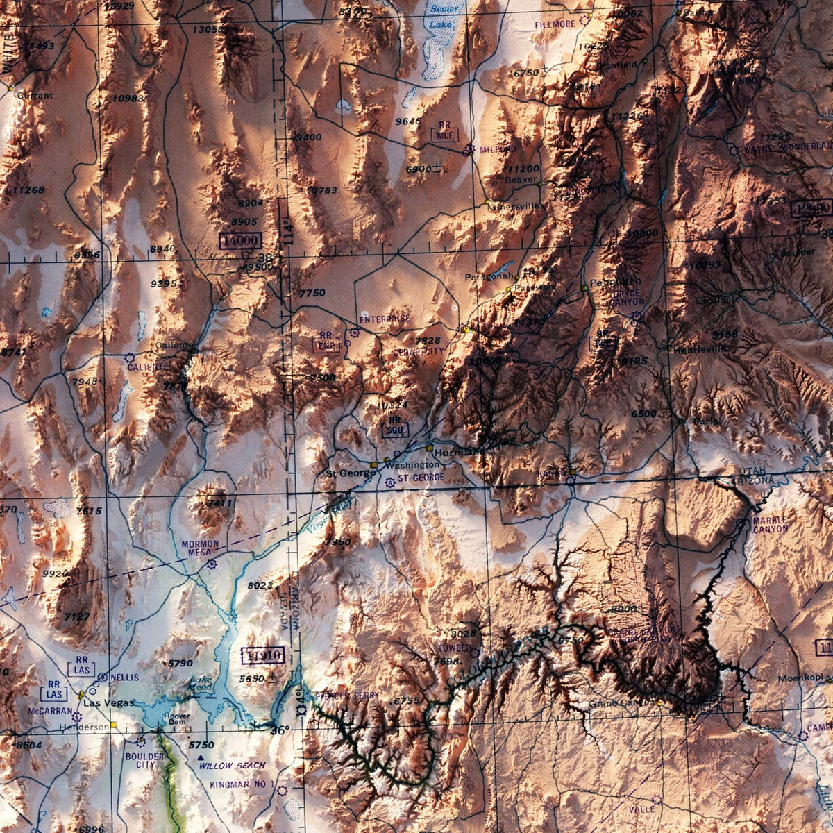Southwest 1950 Shaded Relief Map | Vintage map of landscape - Muir Way