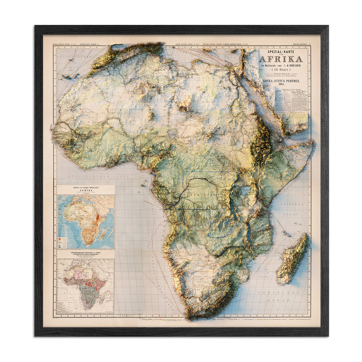 1885 Africa Relief Map | Vintage map of African landscape - Muir Way