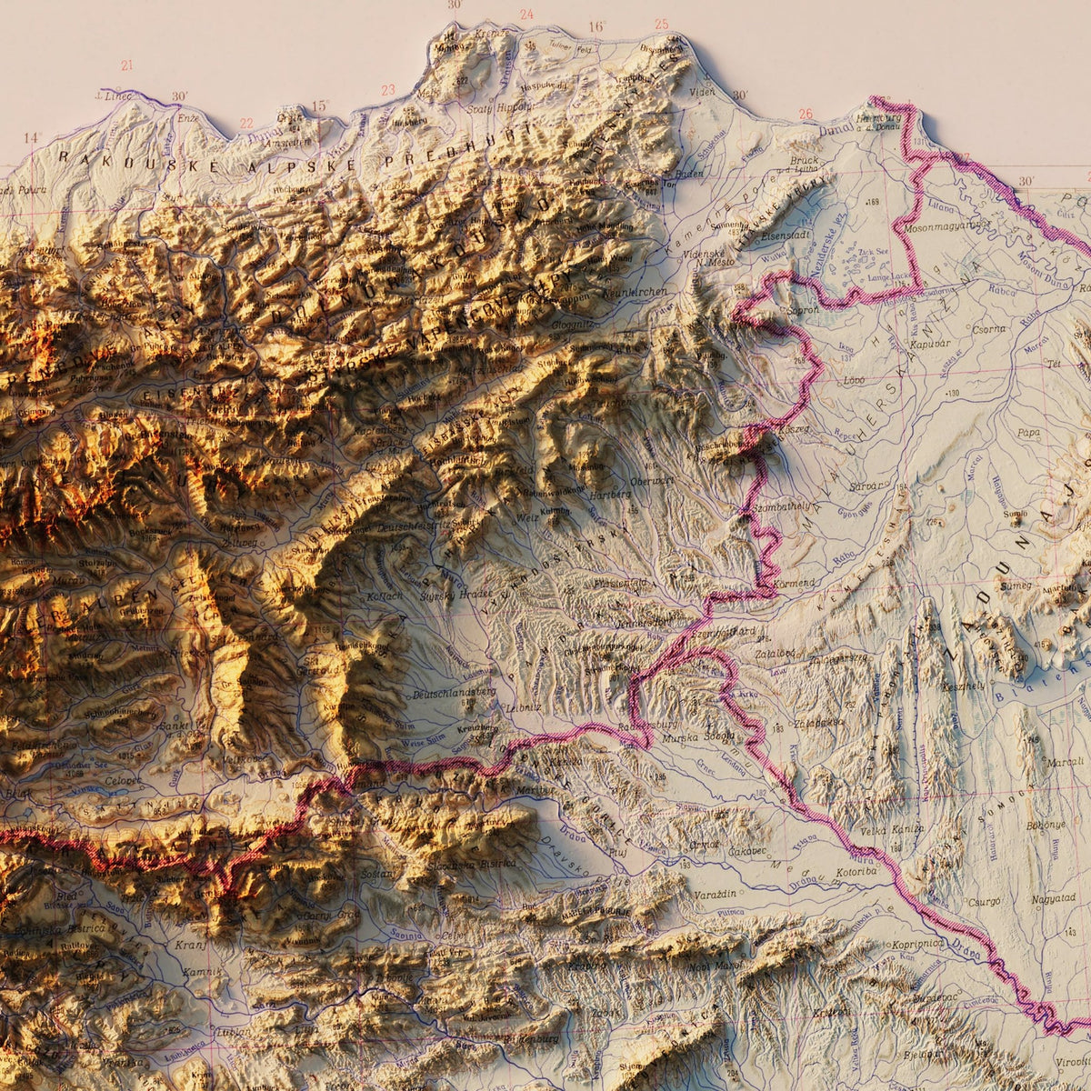 Alps 1965 Shaded Relief Map - Muir Way
