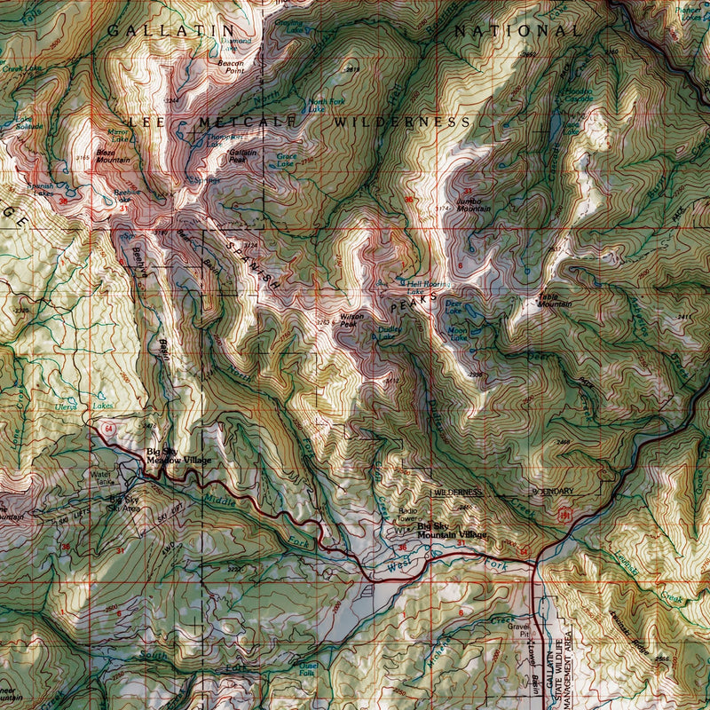 Big Sky, Montana 1989 Shaded Relief Map - Muir Way