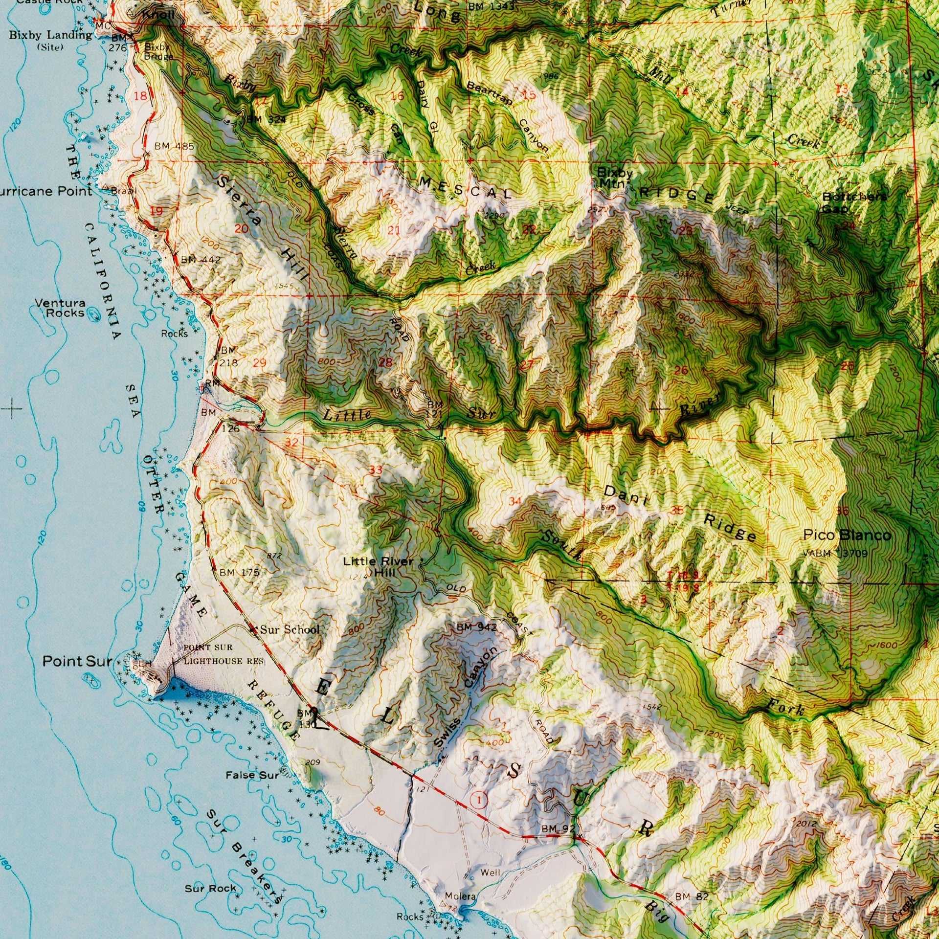Big Sur 1956 Shaded Relief Map – Muir Way