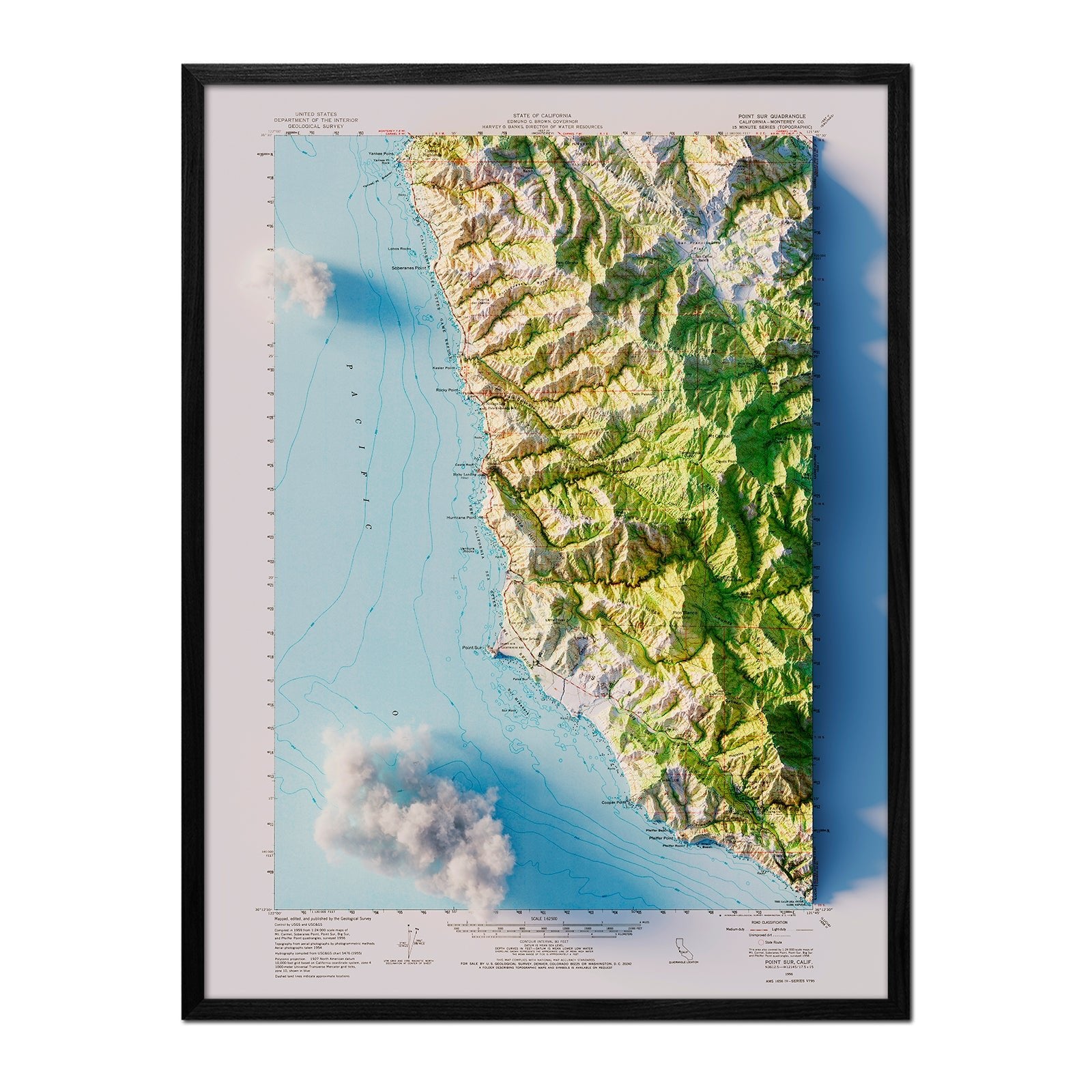 Large Detailed Map Of California Big Sur 1956 Shaded Relief Map