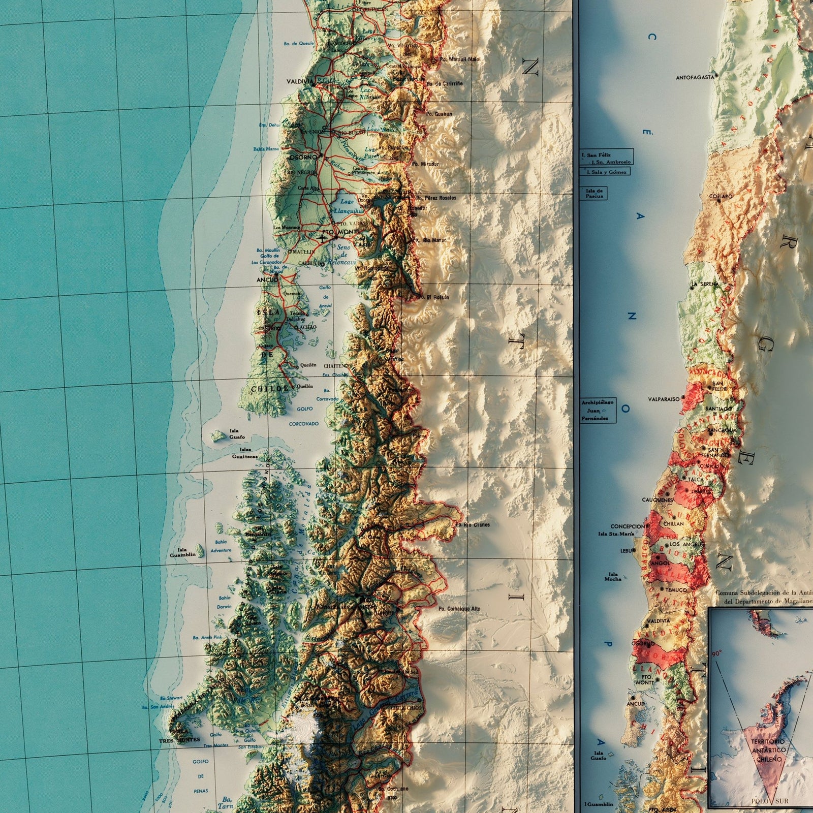 Enhanced Vintage Map of Chile (1968) Relief Map | Muir Way