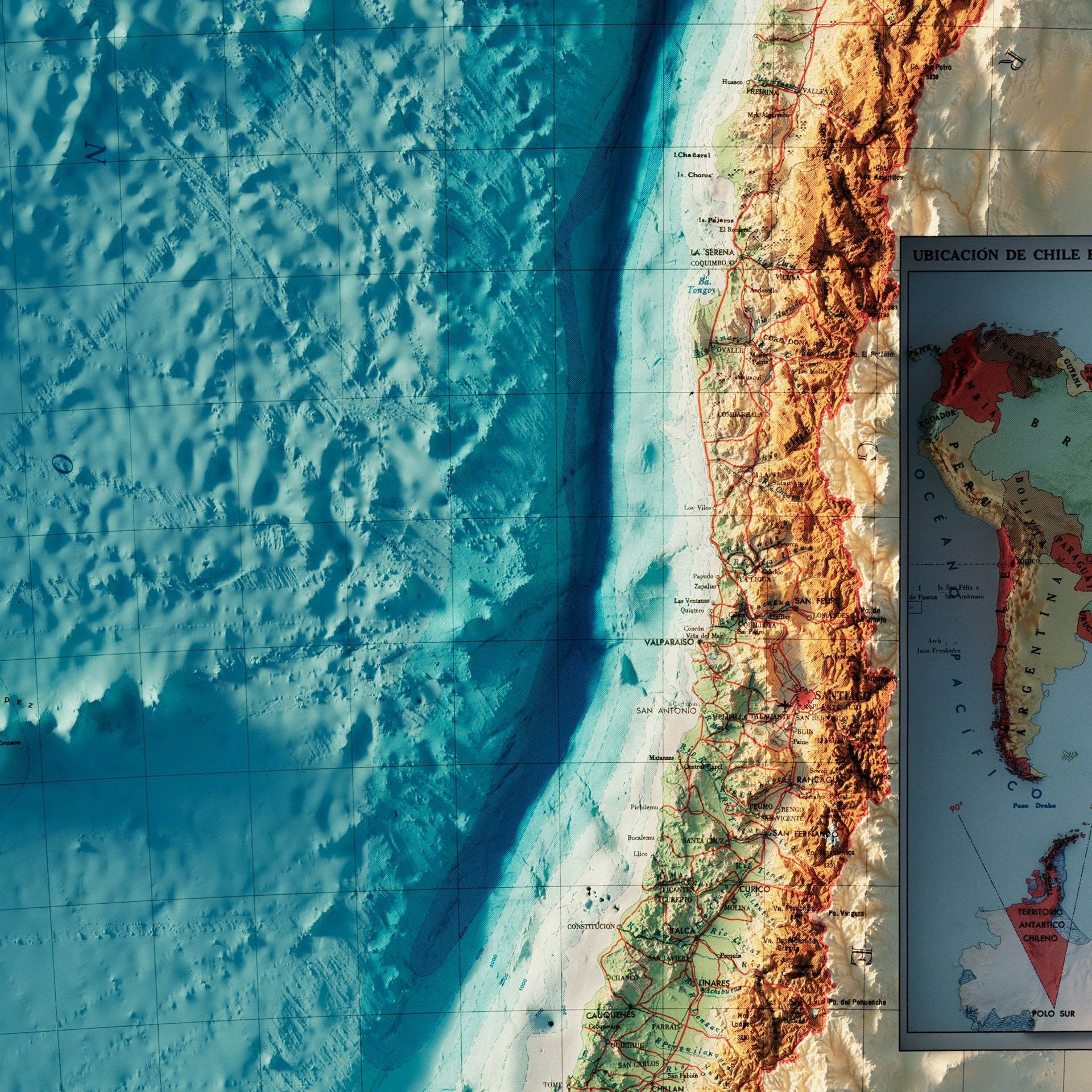 Enhanced Vintage Map of Chile (1968) Relief Map | Muir Way