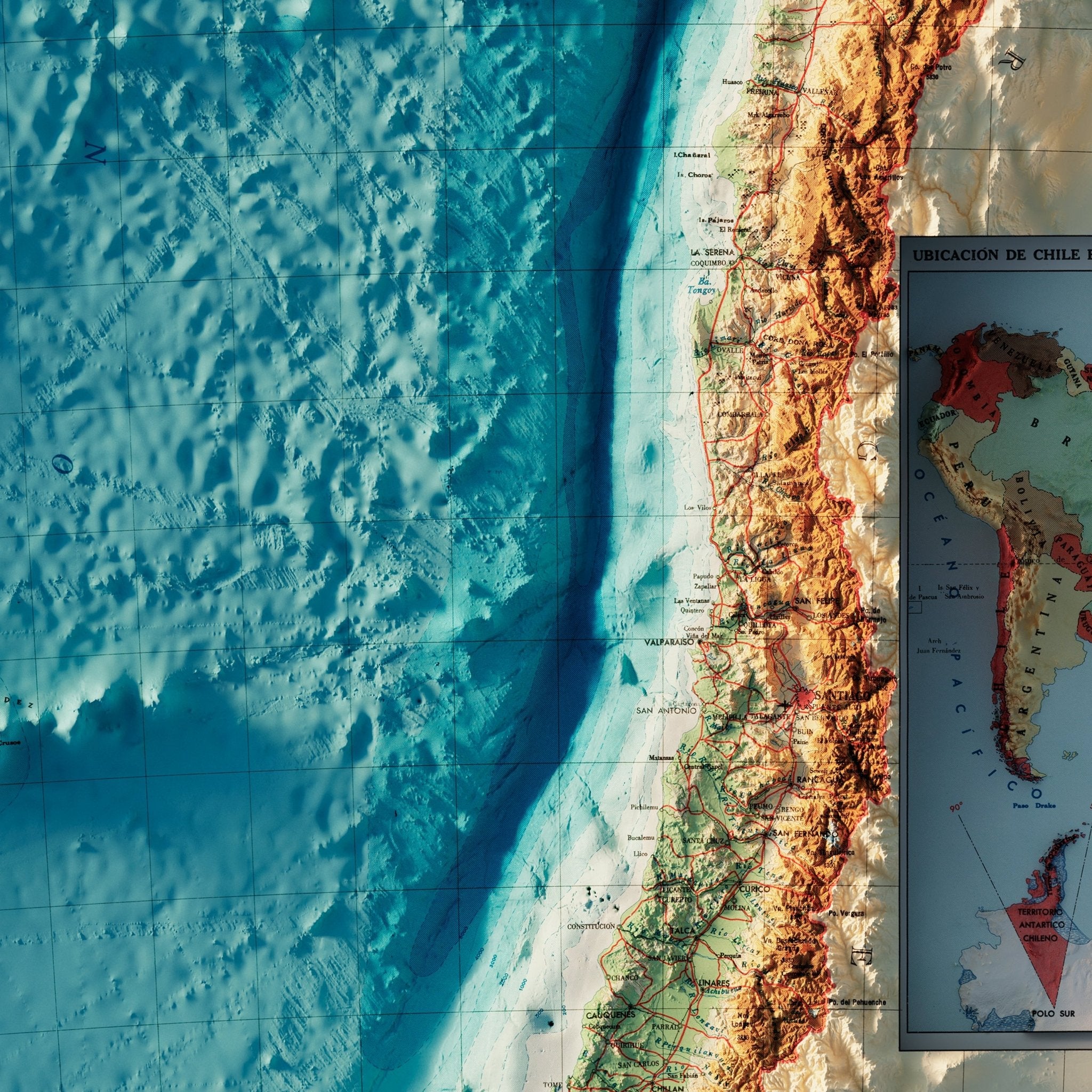 Enhanced Vintage Map of Chile (1968) Relief Map | Muir Way