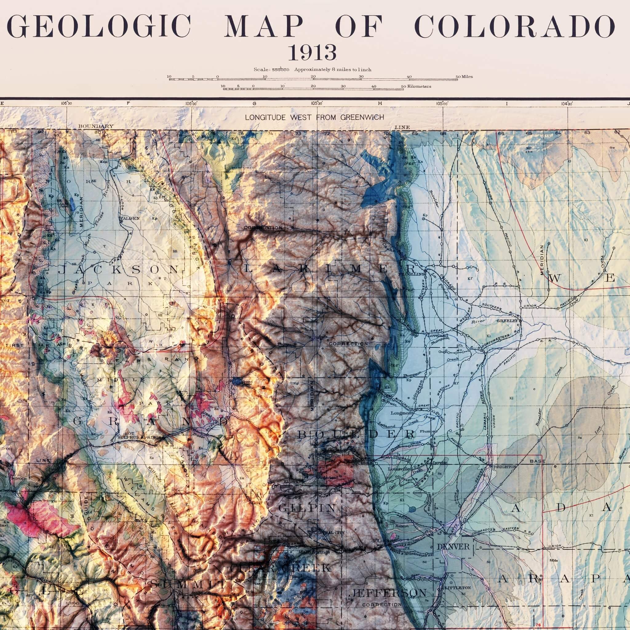 Buy a 1913 Vintage Colorado Map | Shaded Relief Map from Muir Way