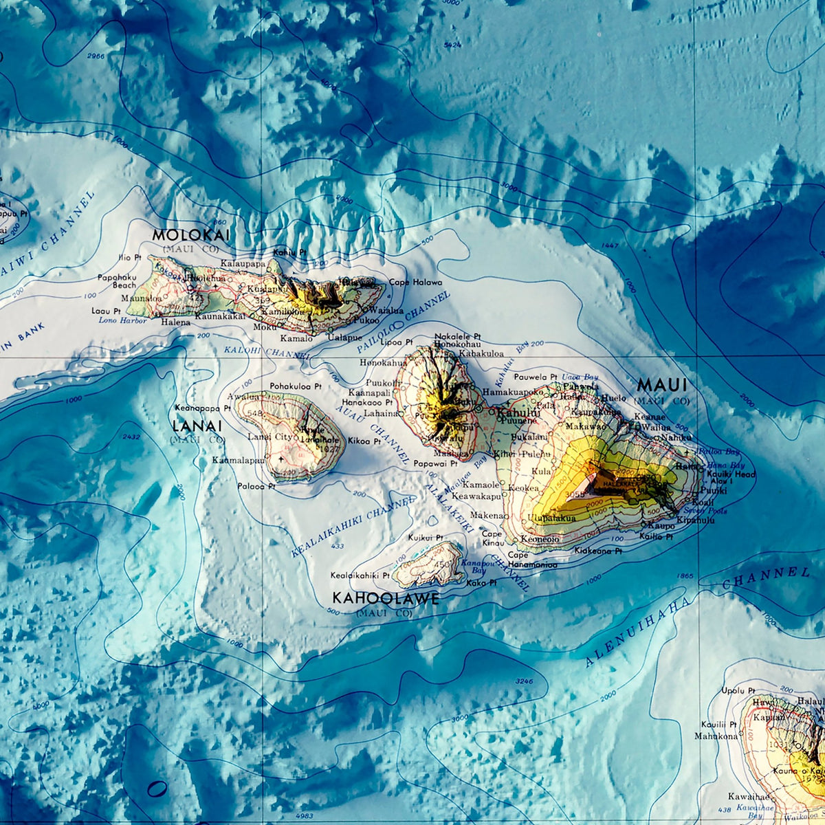 Hawaiian Islands 1971 Shaded Relief Map - Muir Way