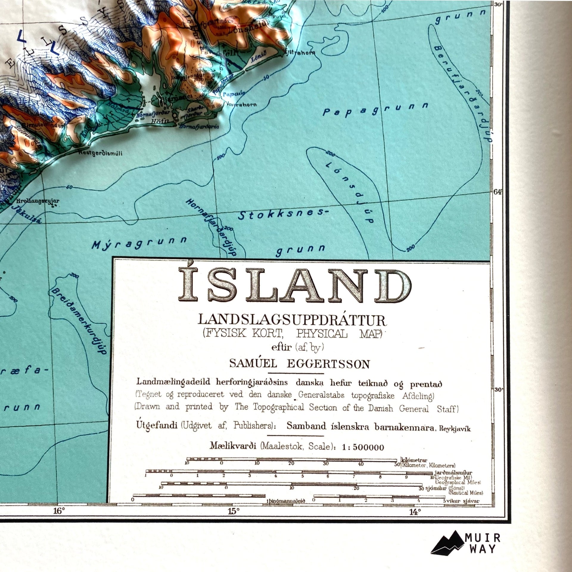 Vintage 3D Raised Relief Map of Iceland 1928 – Muir Way