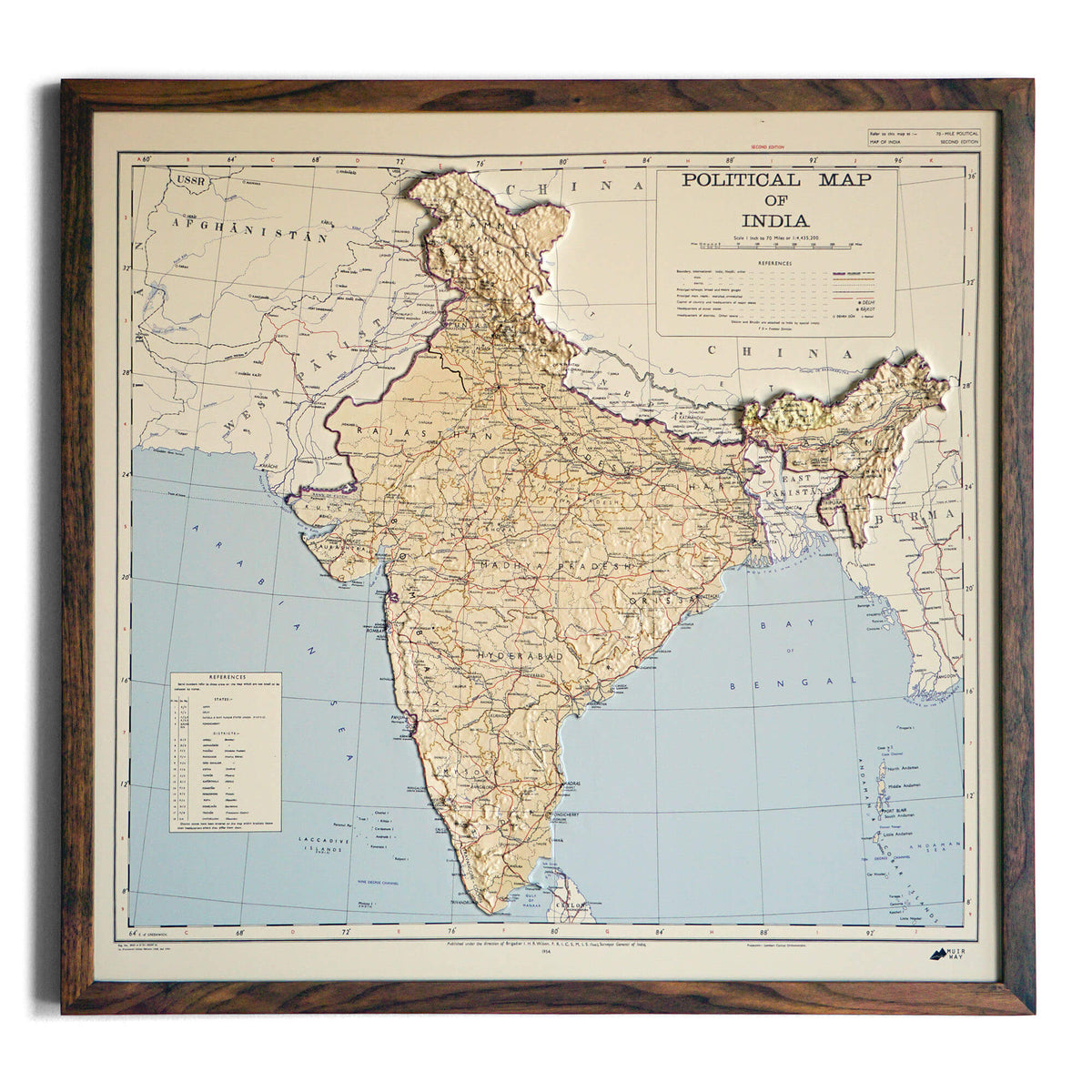 3D Raised Relief Map of India from 1954 | Muir Way