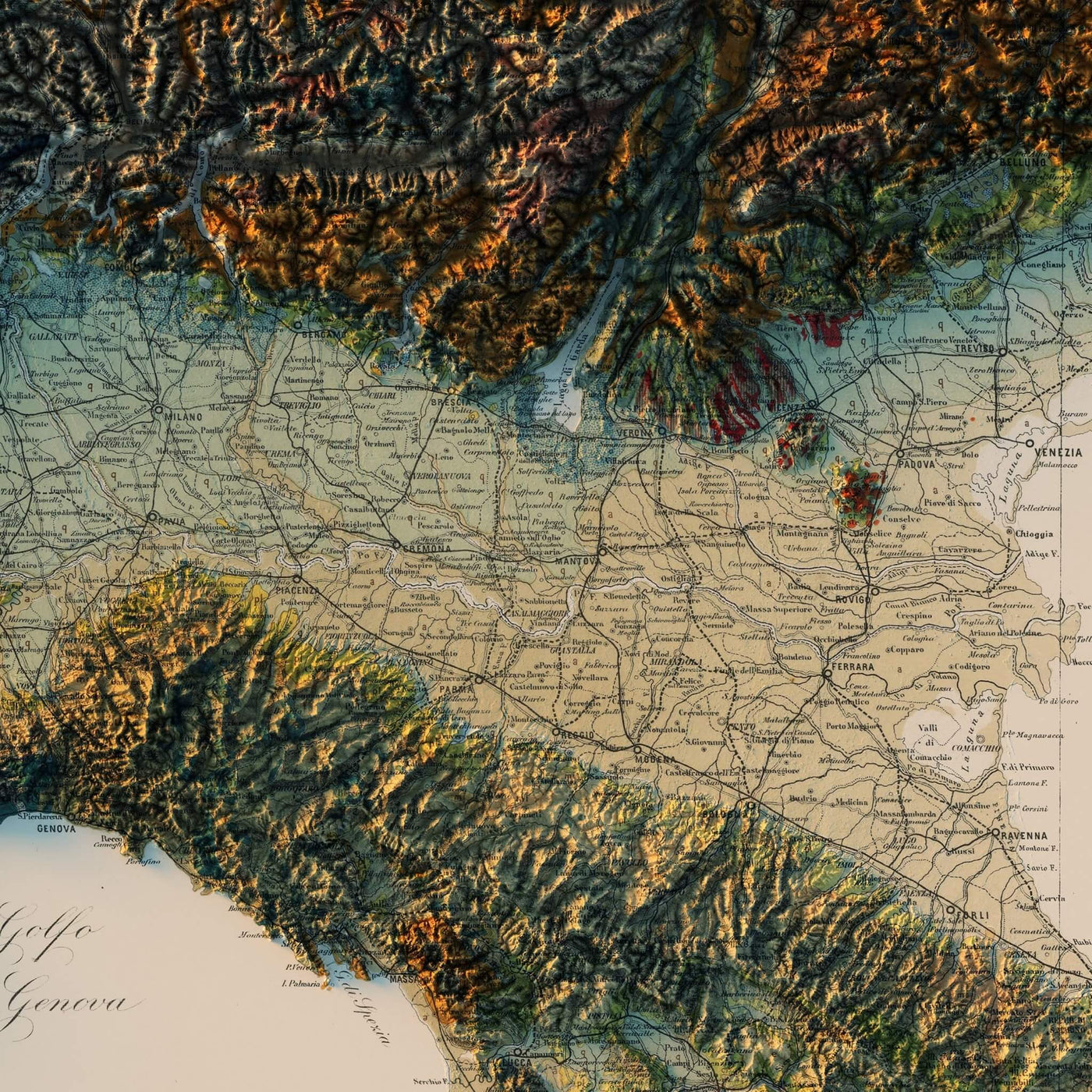 Italy 1881 Shaded Relief Map | 3D Vintage Topographic Art – Muir Way