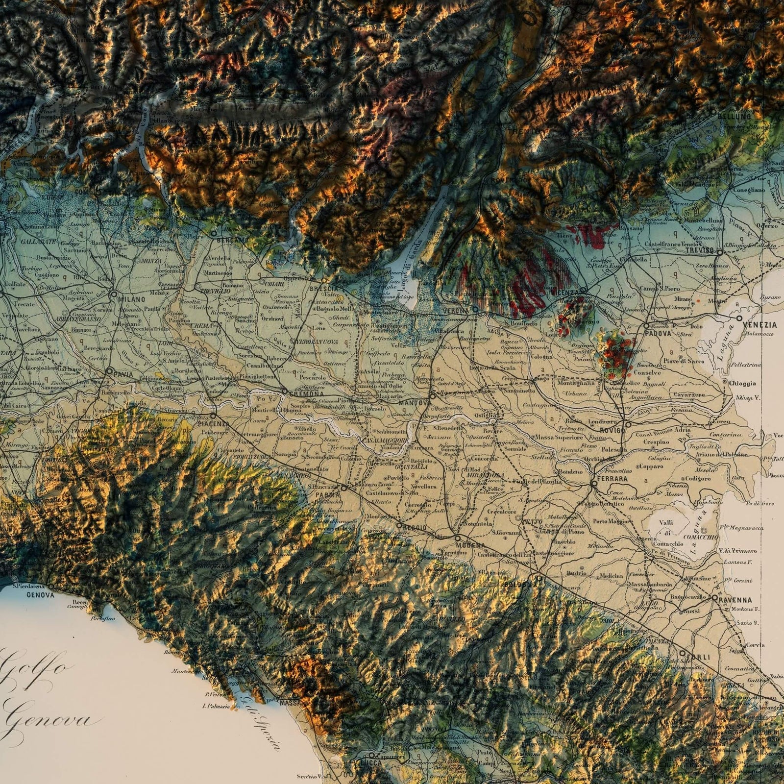 Italy 1881 Shaded Relief Map | 3D Vintage Topographic Art – Muir Way
