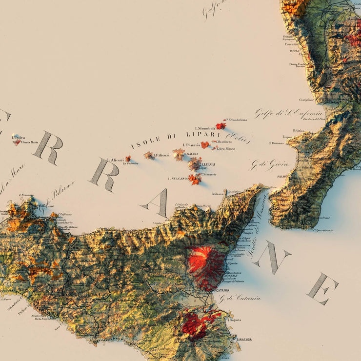Italy 1881 Shaded Relief Map | 3D Vintage Topographic Art – Muir Way