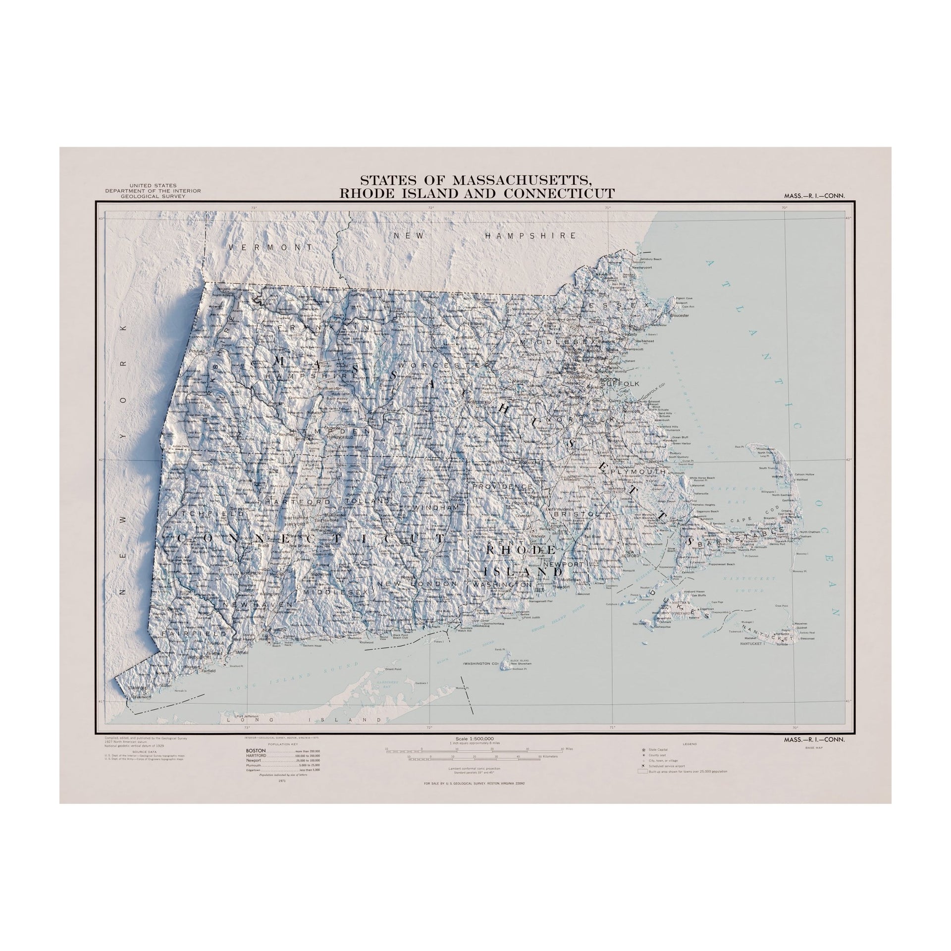 Massachusetts, Rhode Island, & Connecticut Relief Map | Muir Way