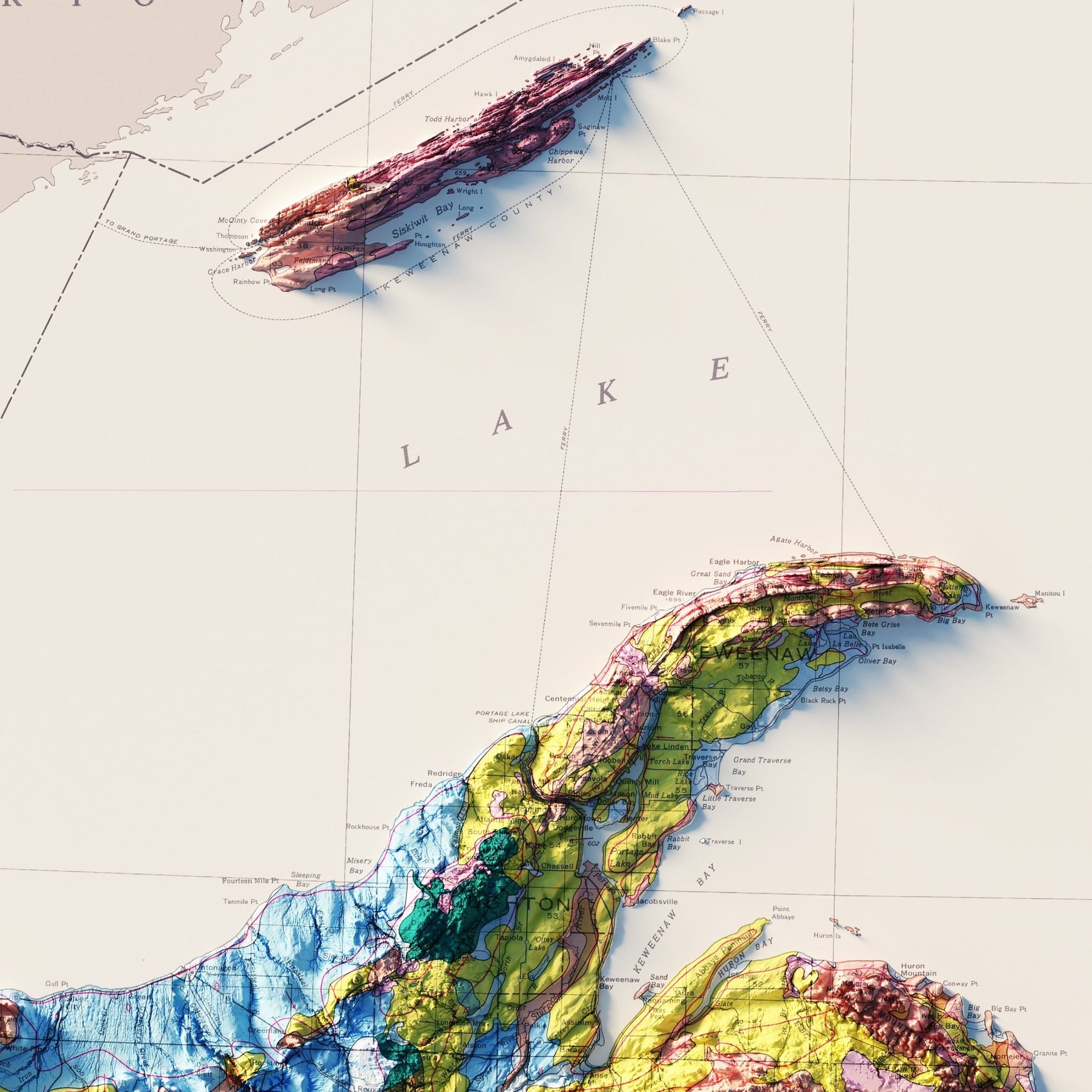 Michigan, Upper Peninsula 1982 Shaded Relief Map – Muir Way