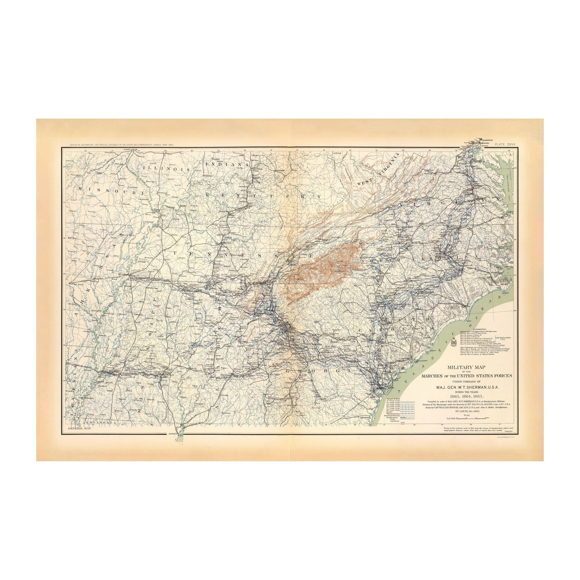 Civil War Military Map Print of Marches by W.T. Sherman – Muir Way