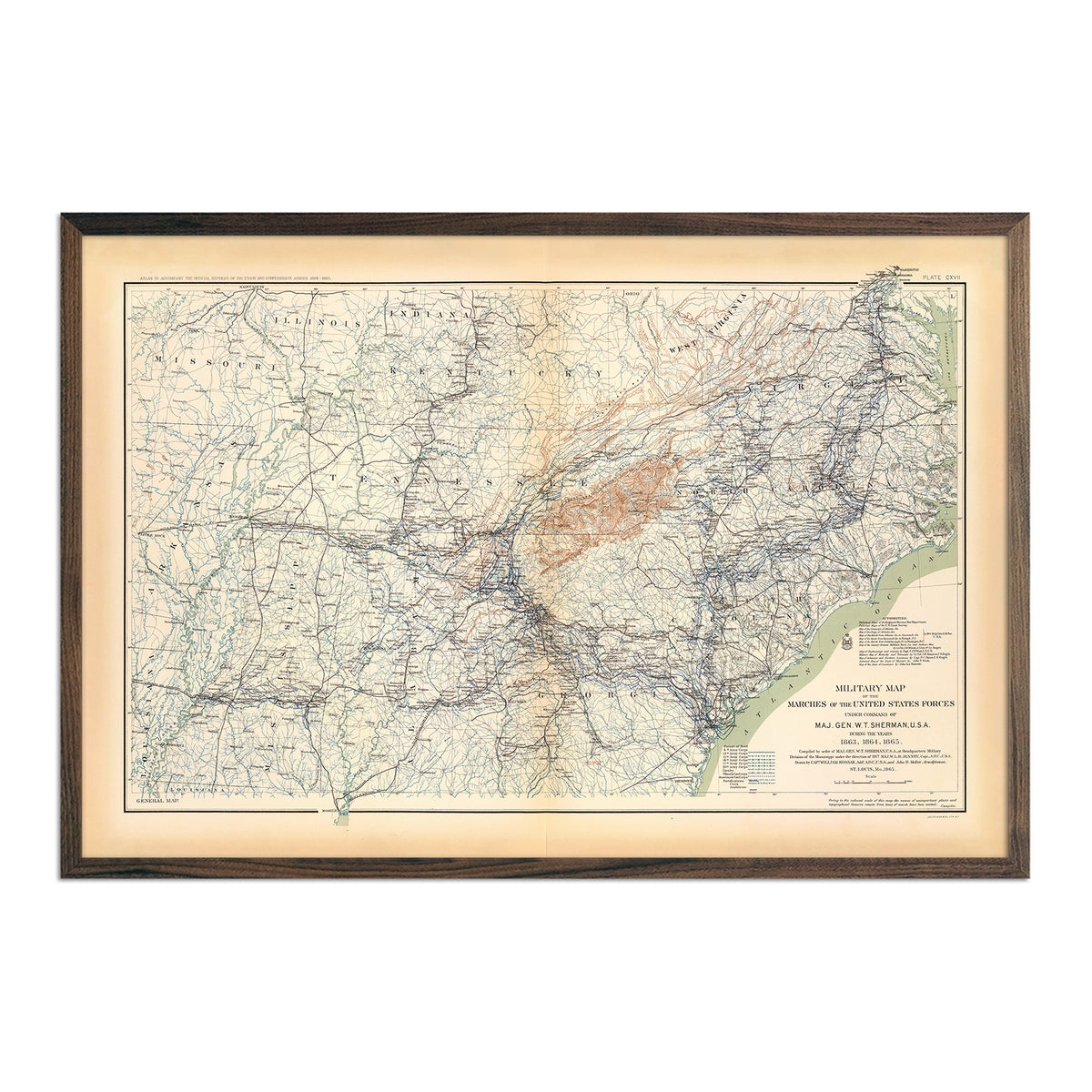 Civil War Military Map Print of Marches by W.T. Sherman – Muir Way
