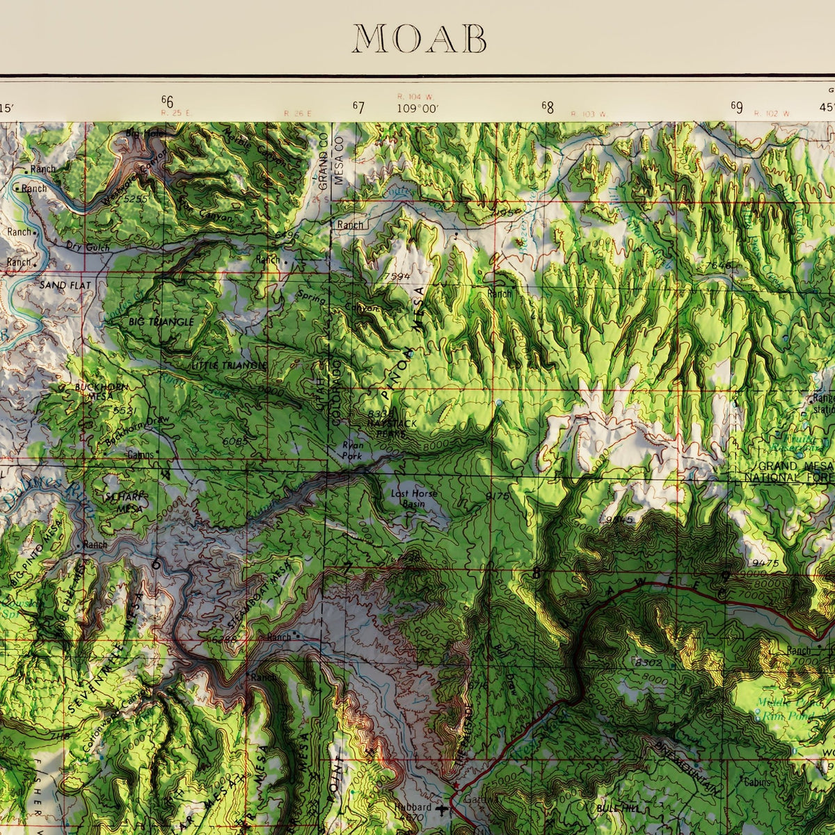 Moab, Utah 1969 Shaded Relief Map - Muir Way