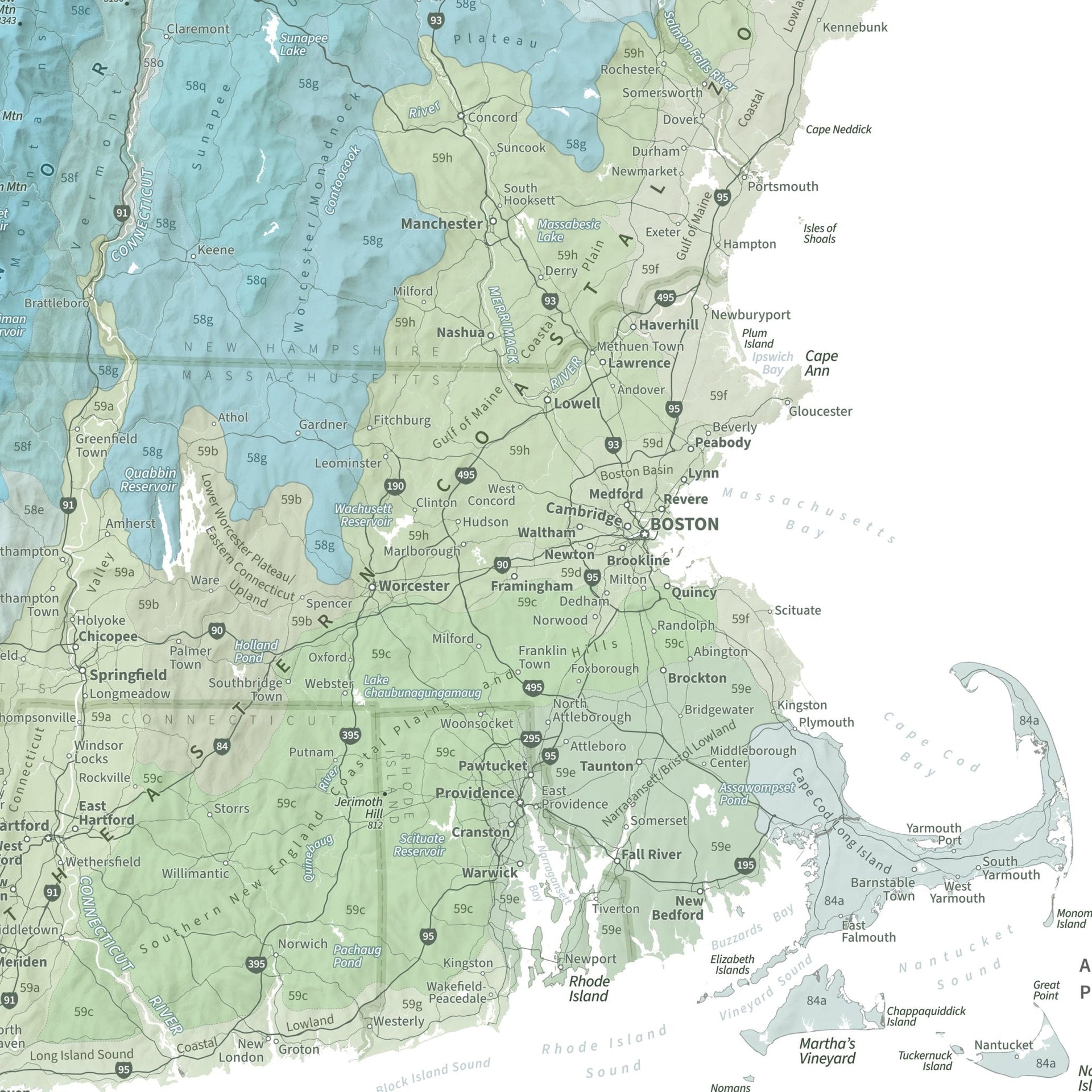 Relief Map of New England featuring Ecoregions | Muir Way