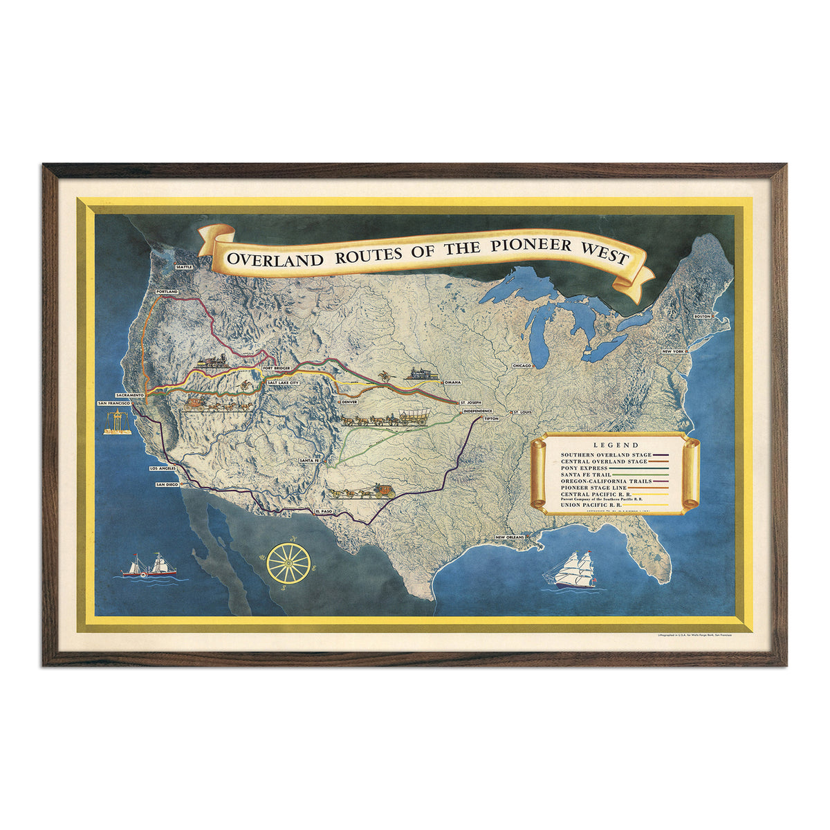 Vintage Map of the Overland Routes of the Pioneer West | Vintage map ...