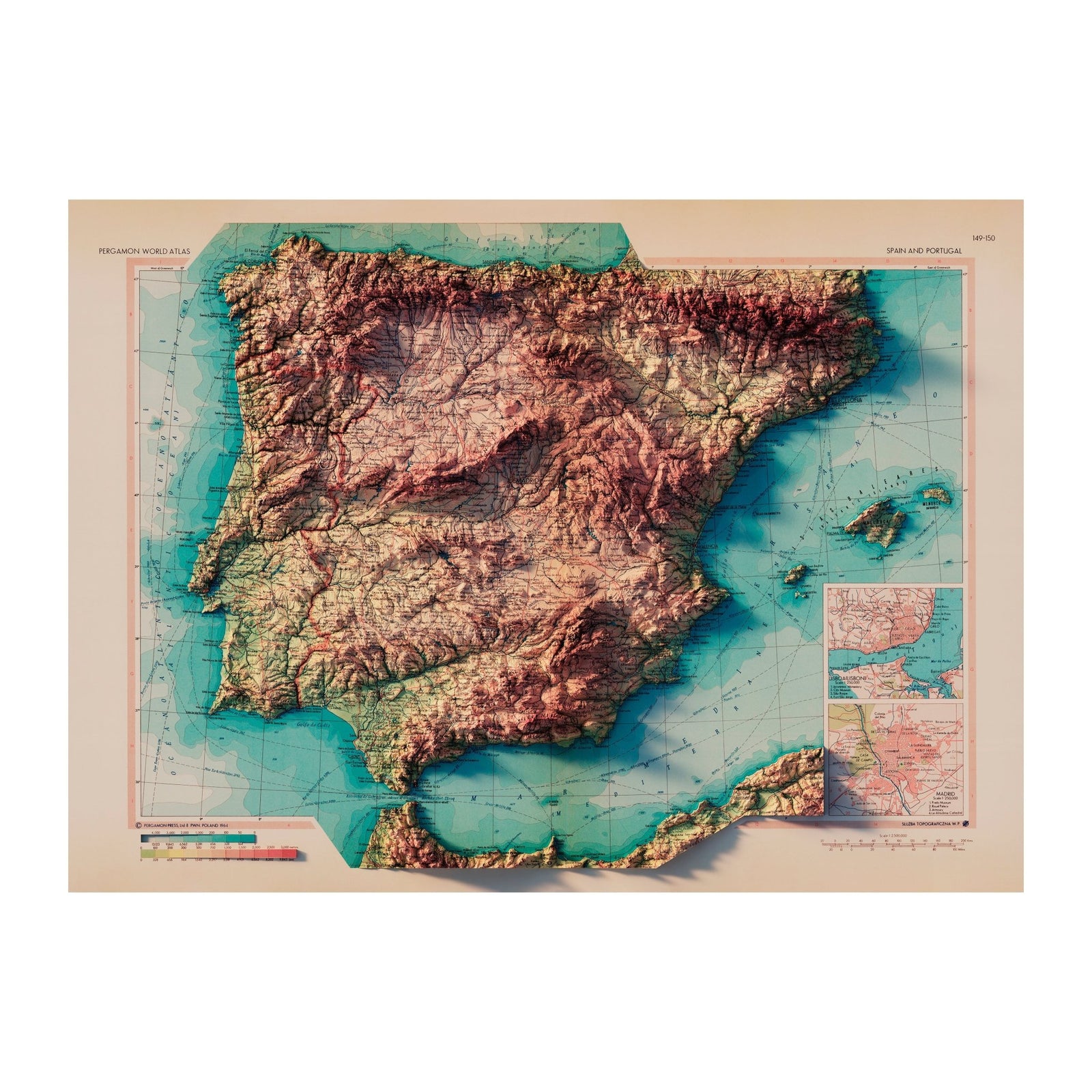 Spain and Portugal 1964 Shaded Relief Map – Muir Way