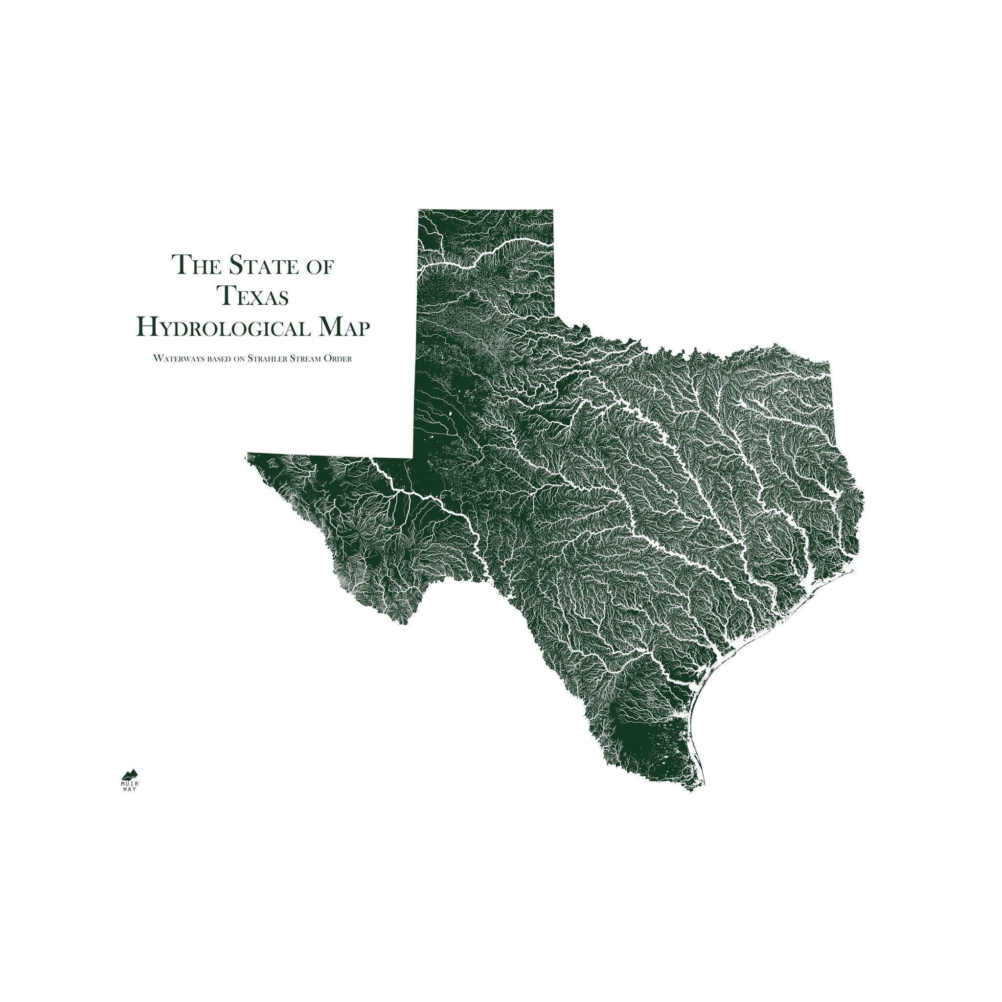 Texas Hydrology Series Map | Map of rivers, streams & more – Muir Way
