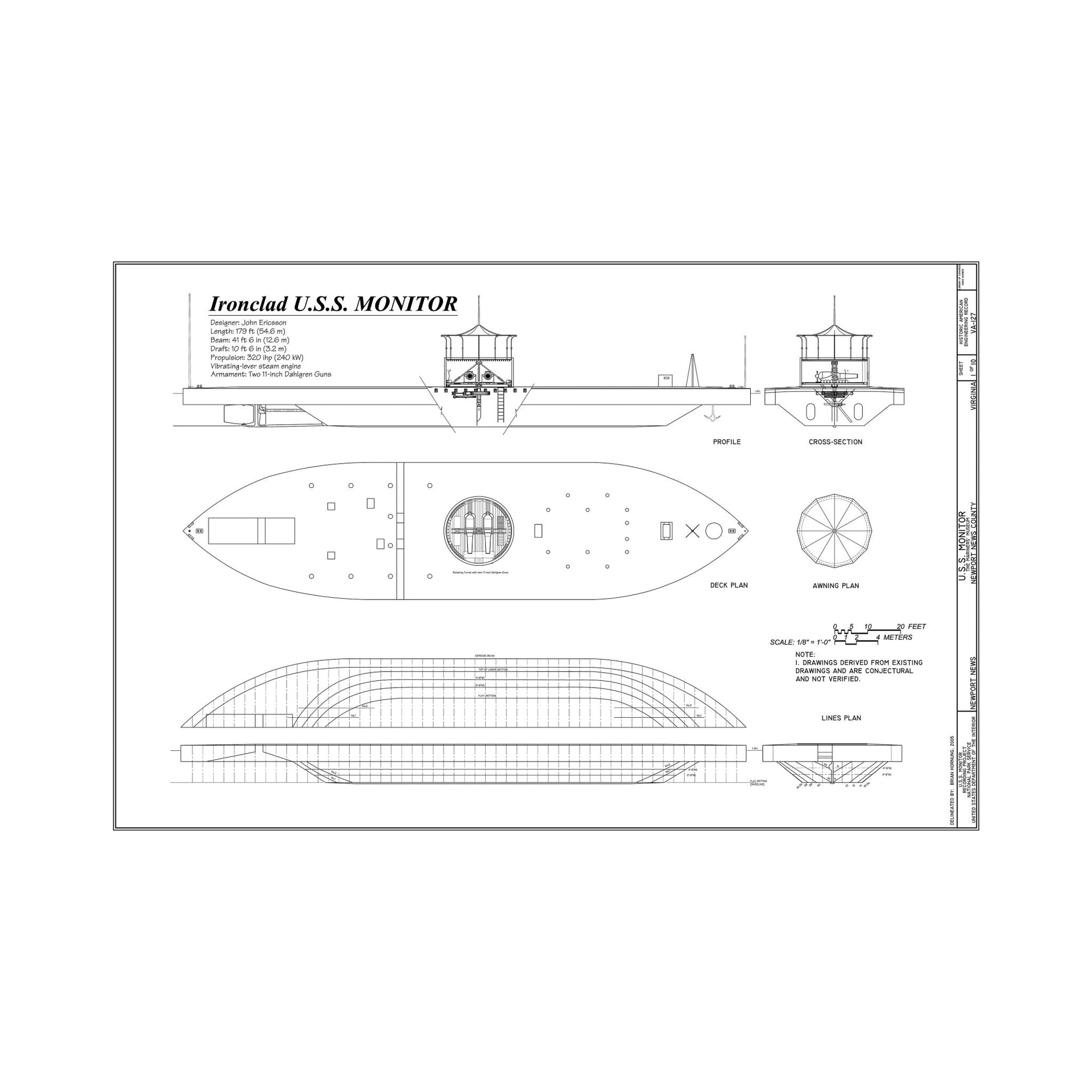 Detailed Blueprint of the U.S.S. Monitor Blueprint with Turret – Muir Way