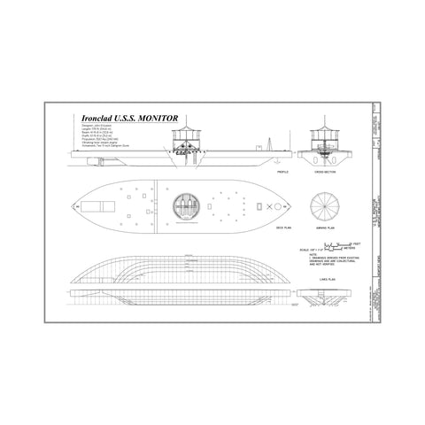 Detailed Blueprint of the U.S.S. Monitor Blueprint with Turret – Muir Way