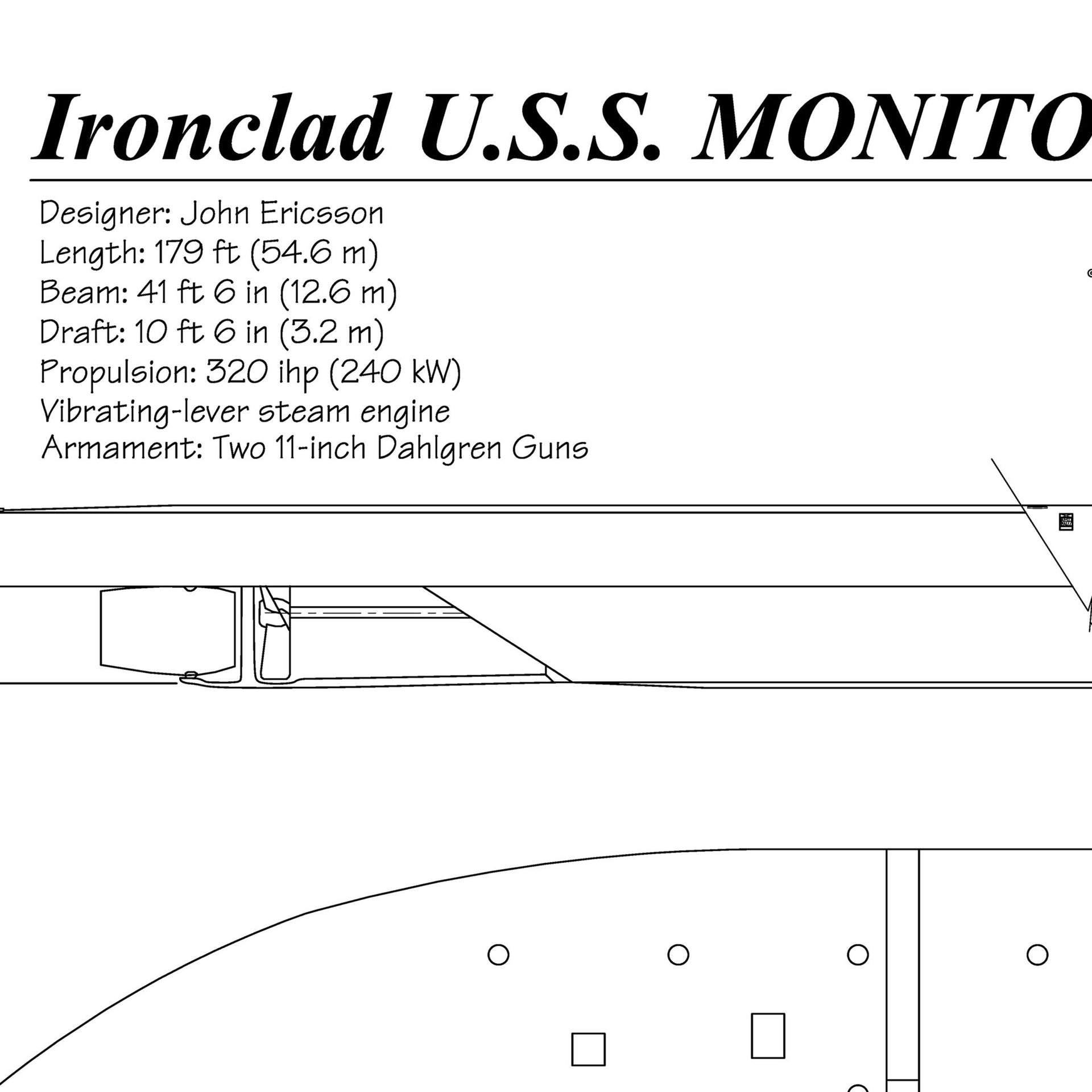 Detailed Blueprint of the U.S.S. Monitor Blueprint with Turret – Muir Way