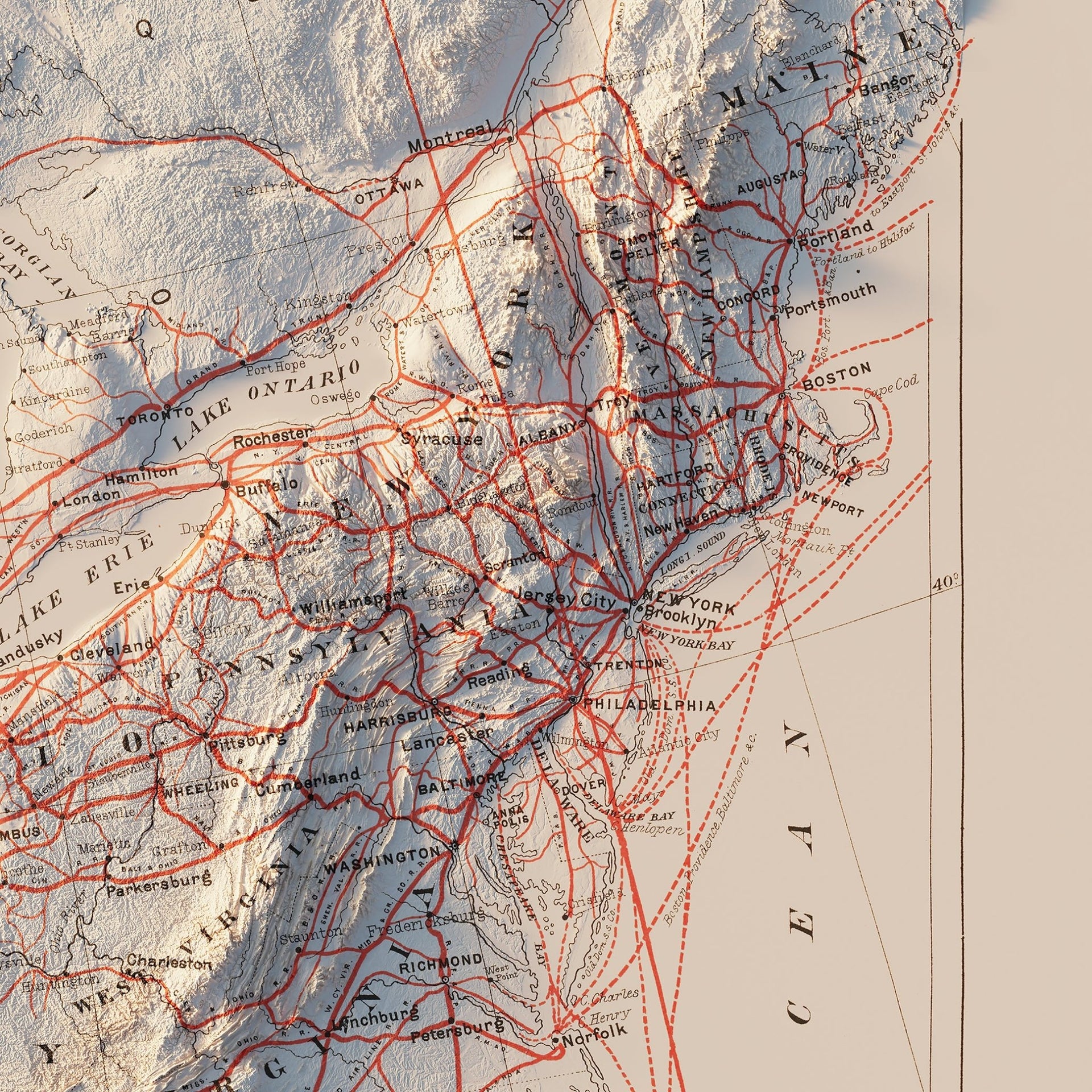 1884 Vintage USA Railroad Map | Shaded Relief Map | Muir Way