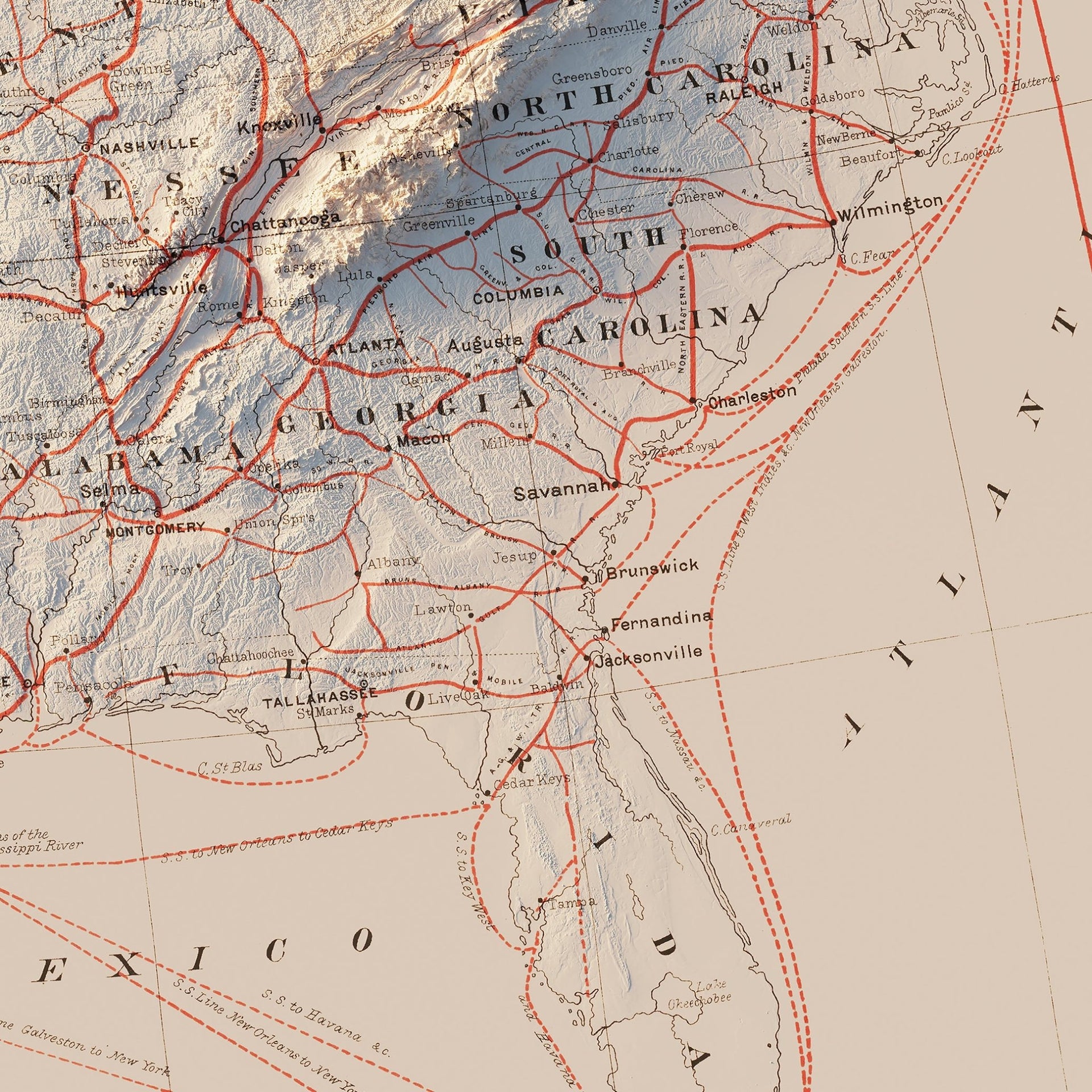 1884 Vintage USA Railroad Map | Shaded Relief Map | Muir Way
