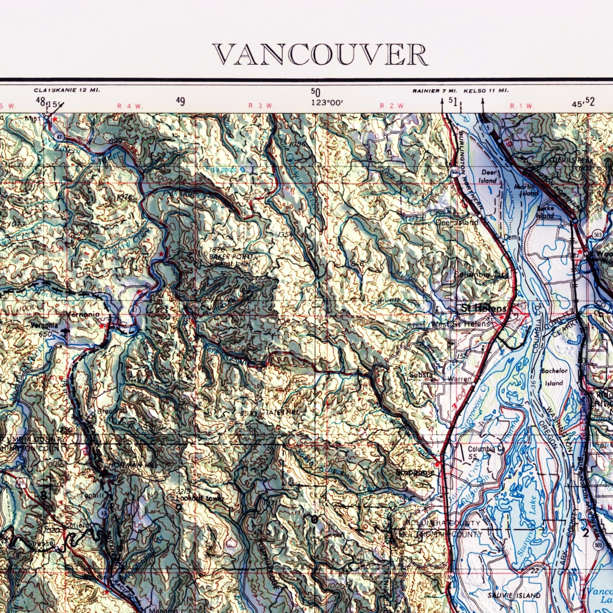 Enhanced Vintage Vancouver, WA Relief Map (1958) | Muir Way