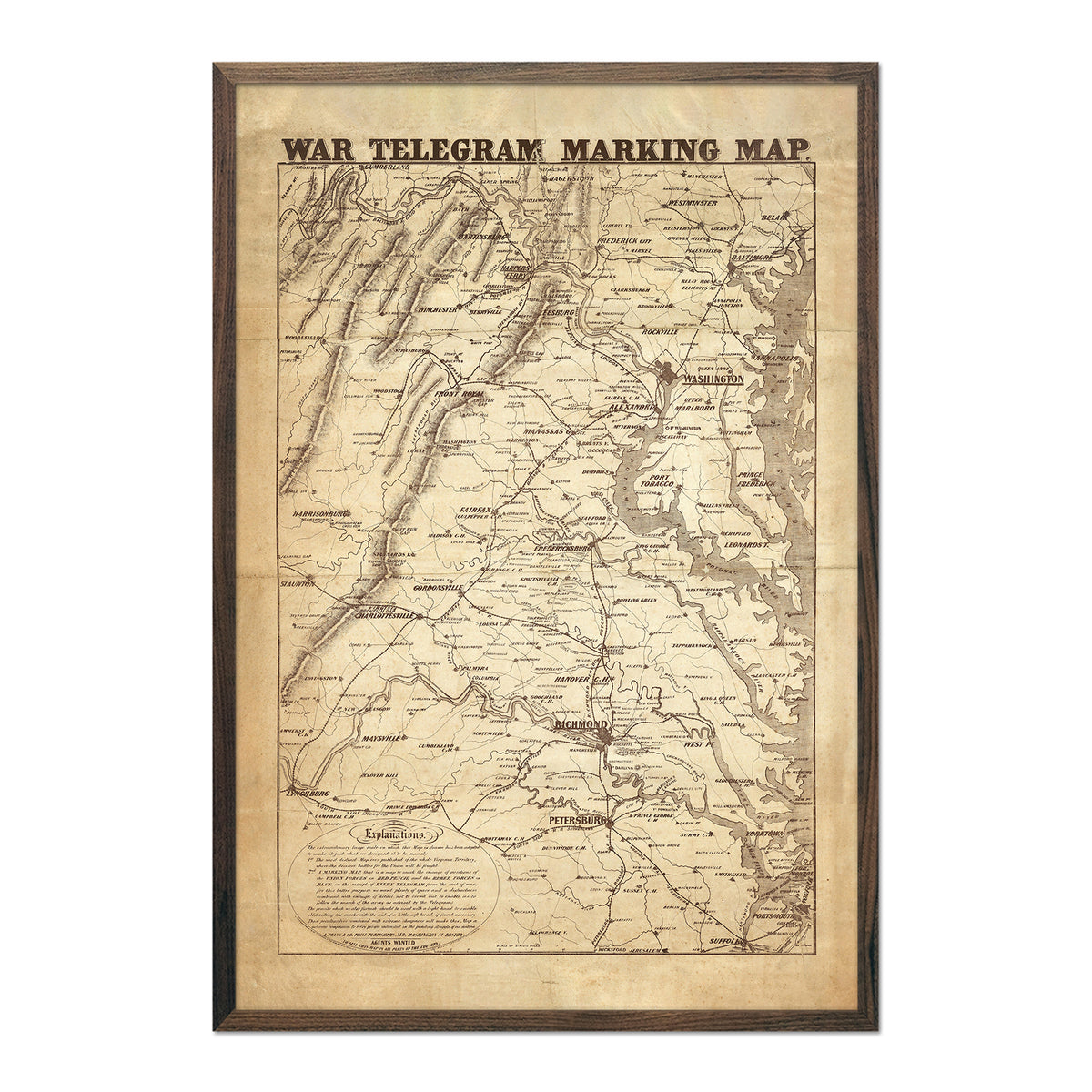 Detailed Civil War Telegram Marking Map Print from Muir Way