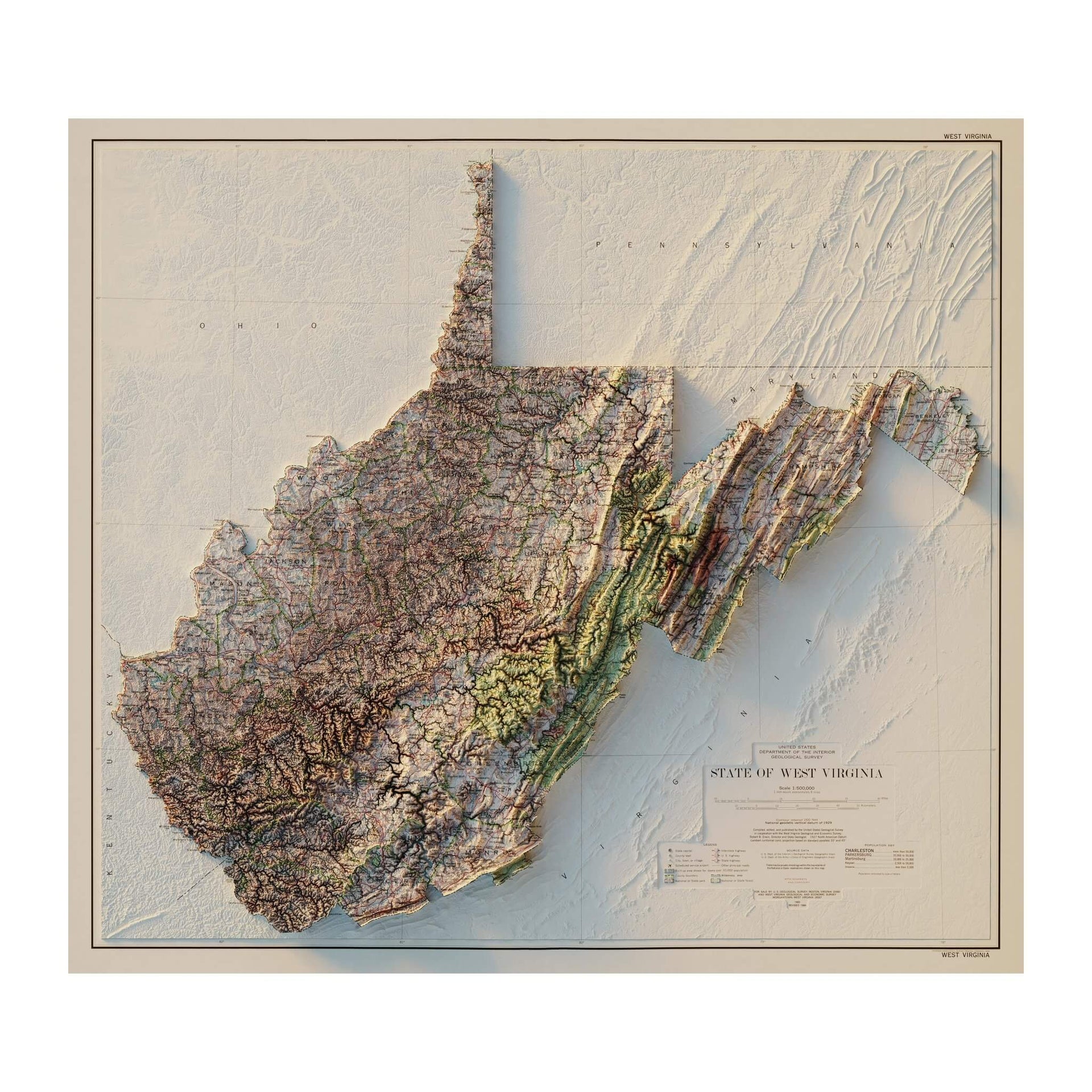 West Virginia 1984 Shaded Relief Map – Muir Way