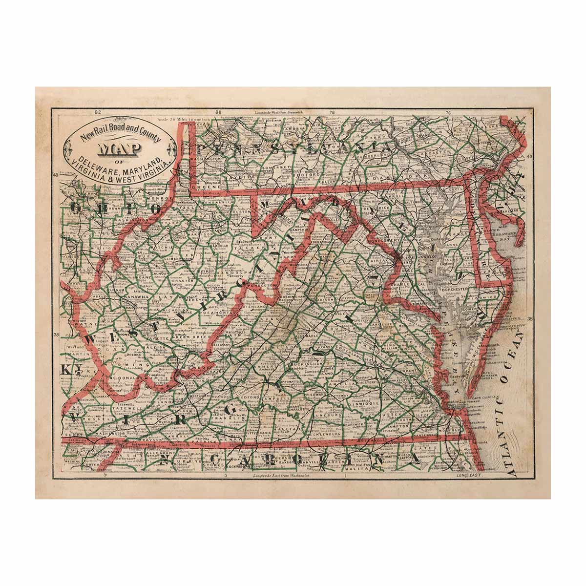 Vintage Map of Delaware, Maryland, Virginia & West Virginia (1883 ...
