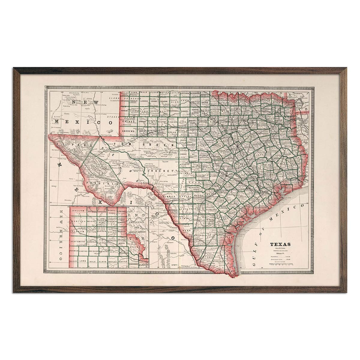 Texas 1883 Map Print | Custom Handmade Walnut Frame | Made in USA ...
