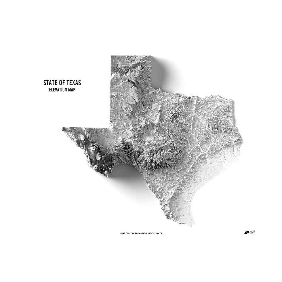 Texas Elevation Map | Print with Relief Map Shading – Muir Way